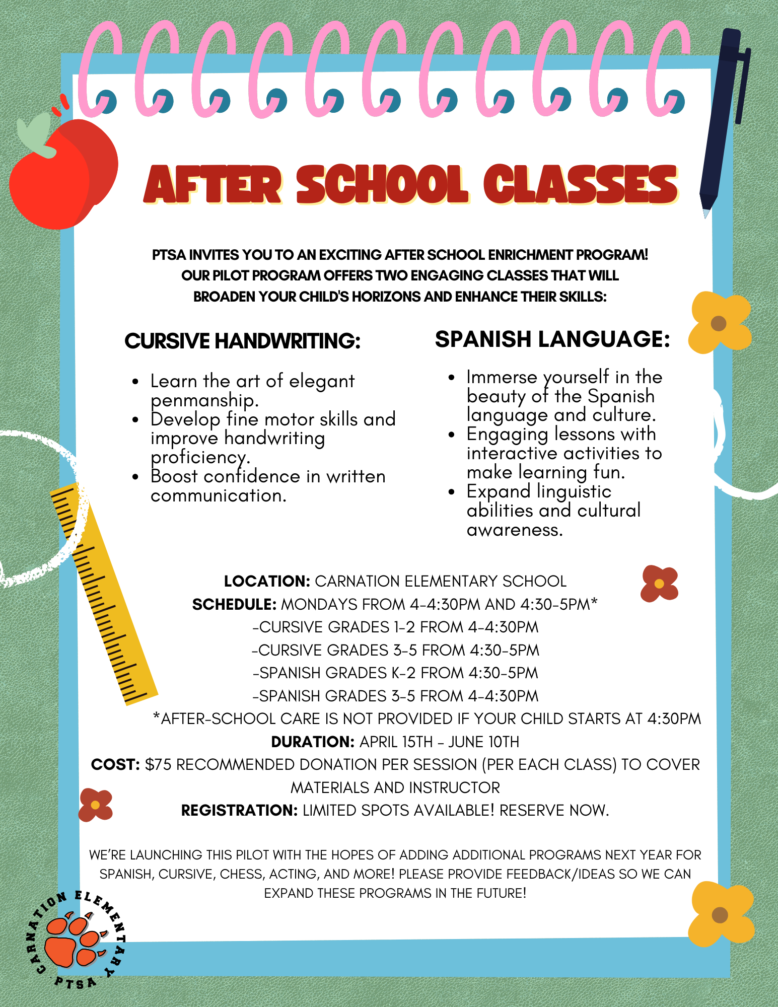 After School Classes - Carnation Elementary PTSA